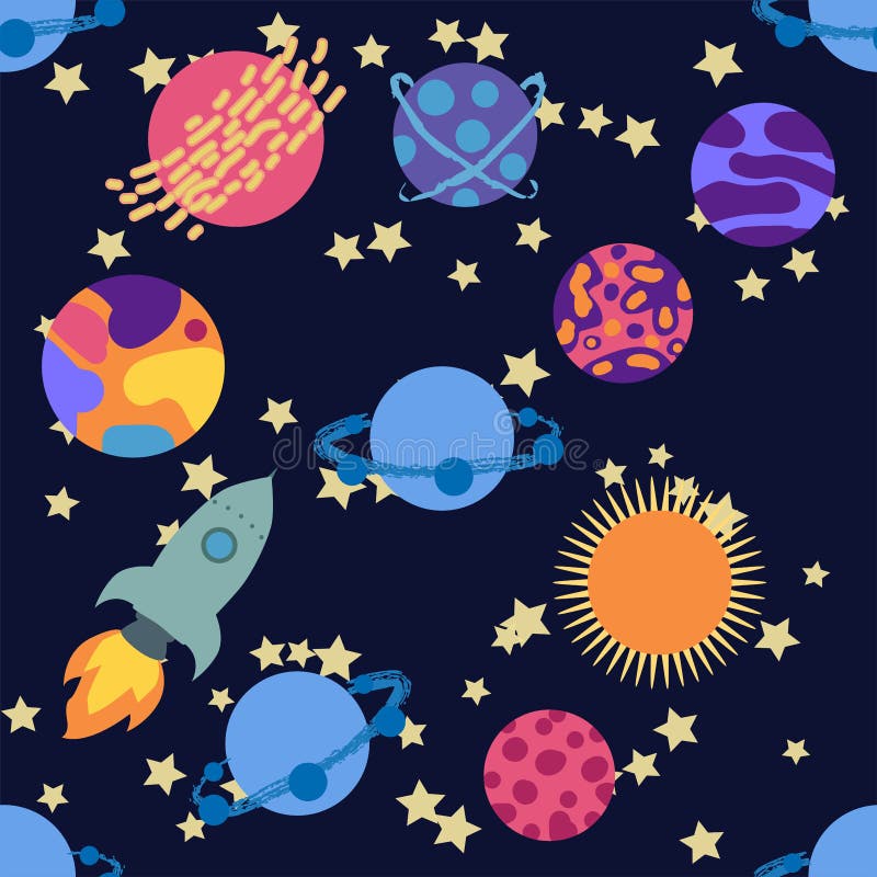 Seamless Outer Space Ufo Rocket Science Kids Background Pattern Stock ...