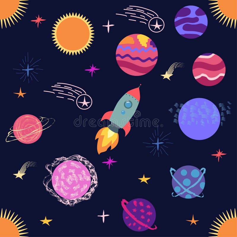 Seamless Outer Space Ufo Rocket Science Kids Background Pattern Stock ...