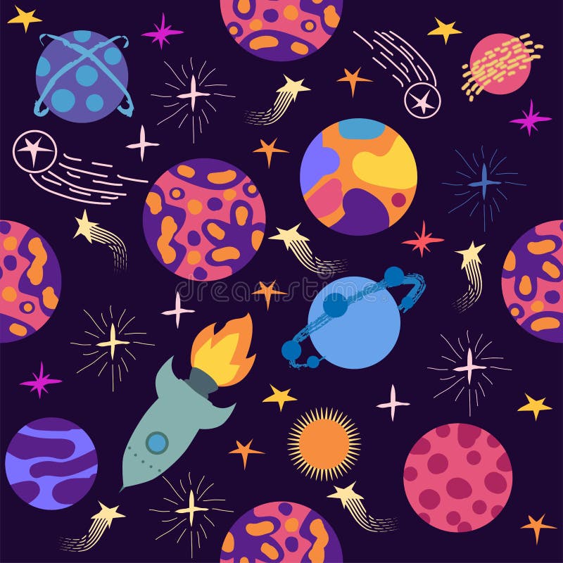 Seamless Outer Space Ufo Rocket Science Kids Background Pattern Stock ...