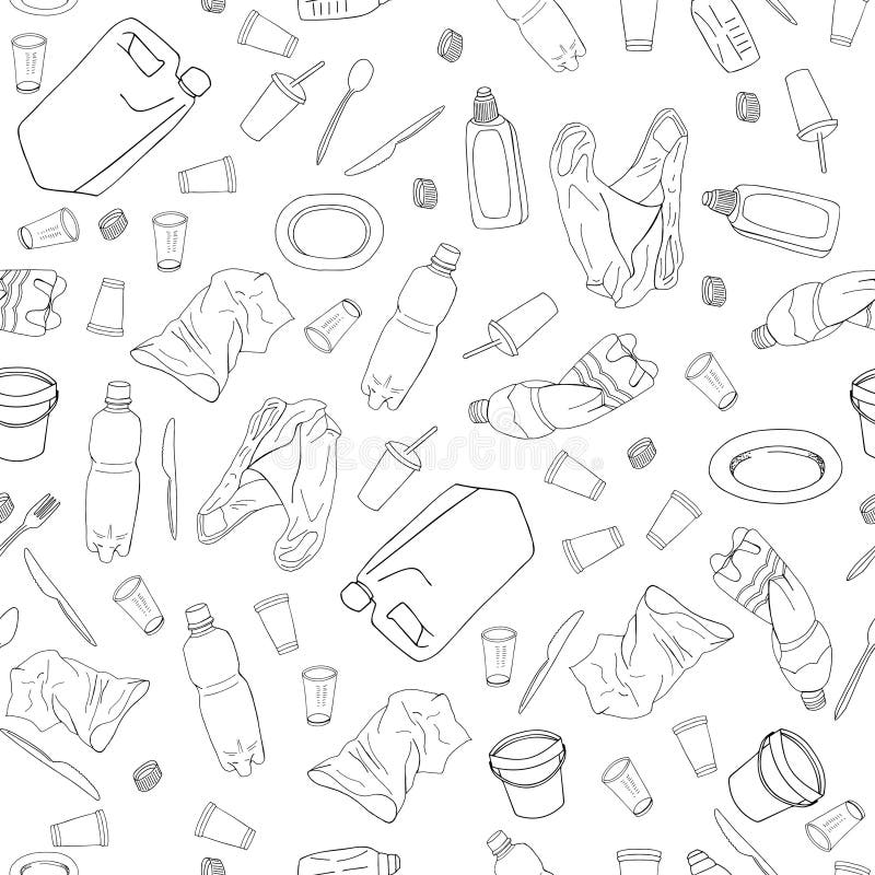 Seamless Outline Pattern with Different Kinds of Plastic Garbage Stock ...