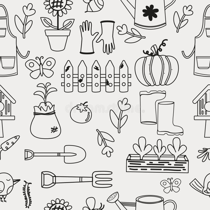 Seamless Outline Pattern Gardening Hand Drawn Stock Vector ...