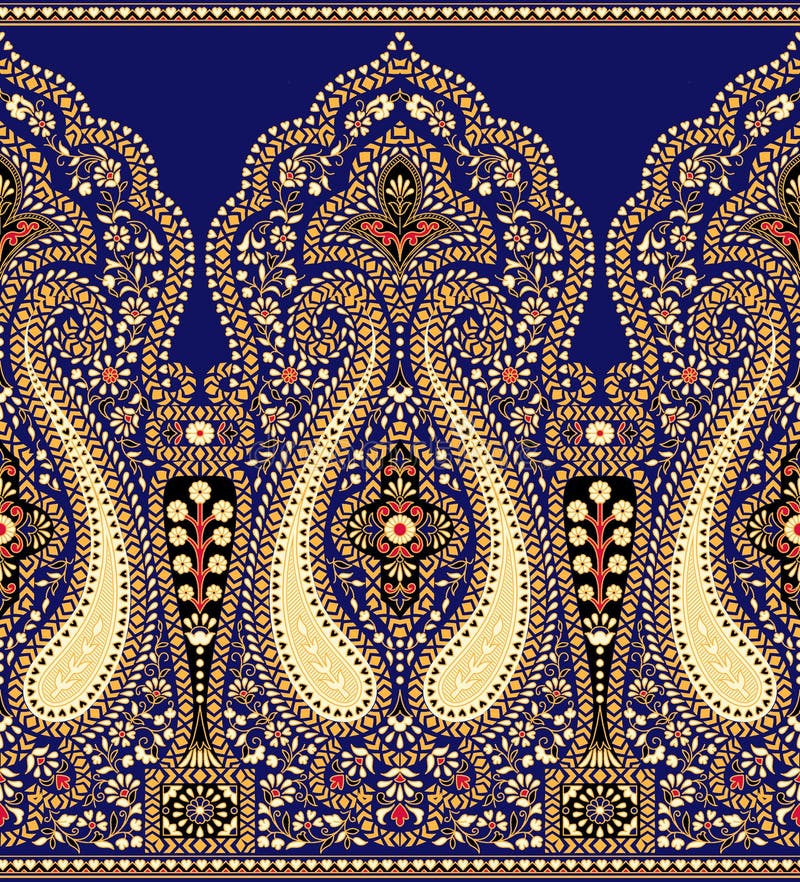 Seamless Paisley Border on Blue Background Stock Illustration ...