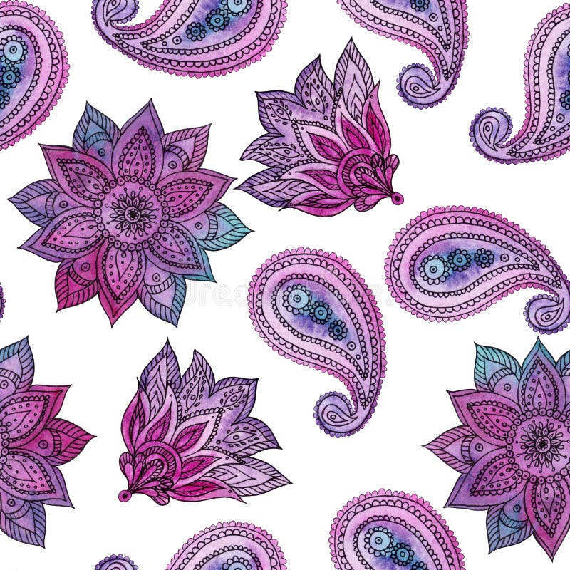 Seamless Paisley Style Hand-drawn Pattern. Watercolor Elements Stock ...