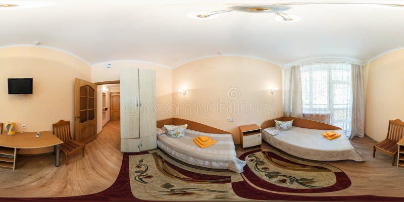 Seamless 360 Panorama in Interior of Bedroom of Cheap Hostel, Flat or ...