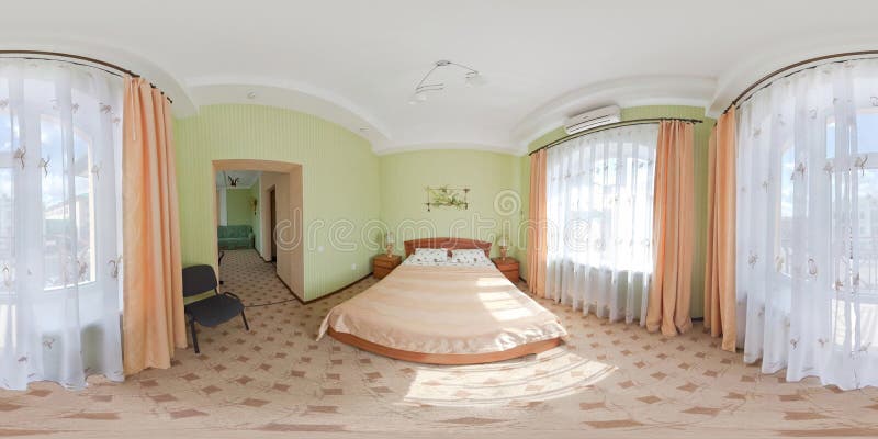 Seamless 360 Panorama in Interior of Bedroom of Cheap Hotel, Flat or ...