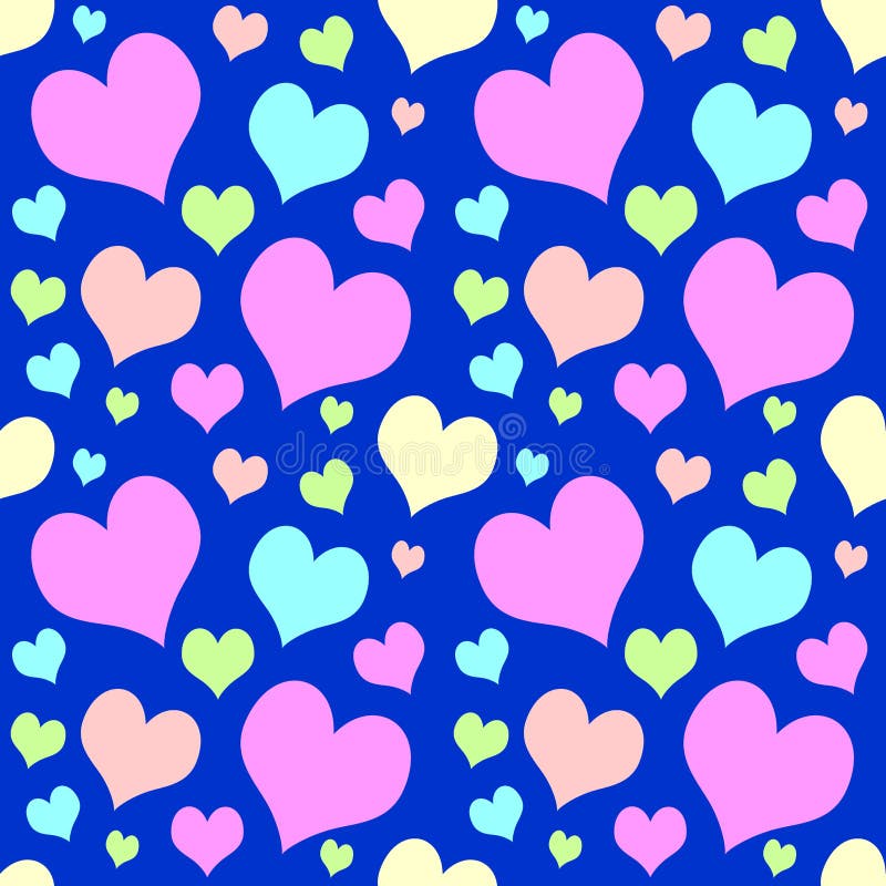 Seamless Pastel Colored Cute Hearts Pattern on Bright Blue Background ...