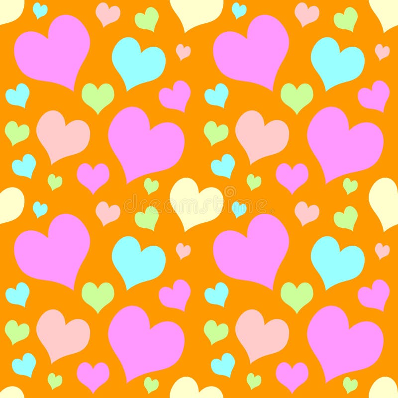 Seamless Pastel Colored Cute Hearts Pattern on Bright Orange Background ...