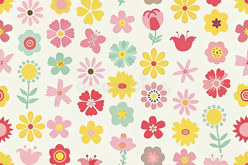 Seamless Pastel Floral Pattern with Various Flower Types on a Cream ...