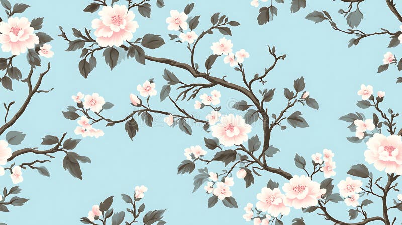Seamless Pastel Pink Flower Pattern on Light Blue Background Stock ...
