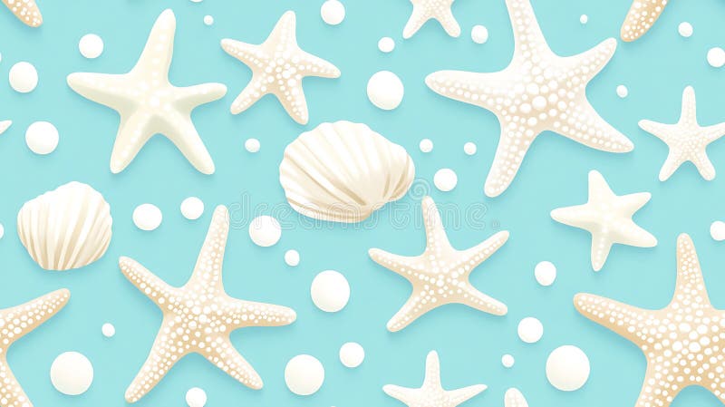 Seamless Pastel Starfish and Seashell Pattern on Light Blue Background ...