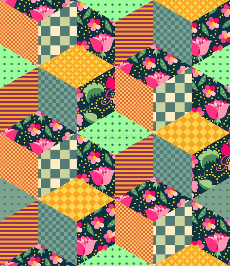 Seamless Patchwork Pattern with Floral and Geometric Patches. Stock ...