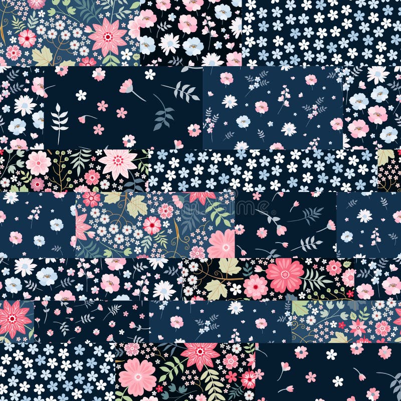 Patchwork from Patches with Doodle Flowers and Dots. Ethnic Boho Seamless Pattern Stock Vector ...