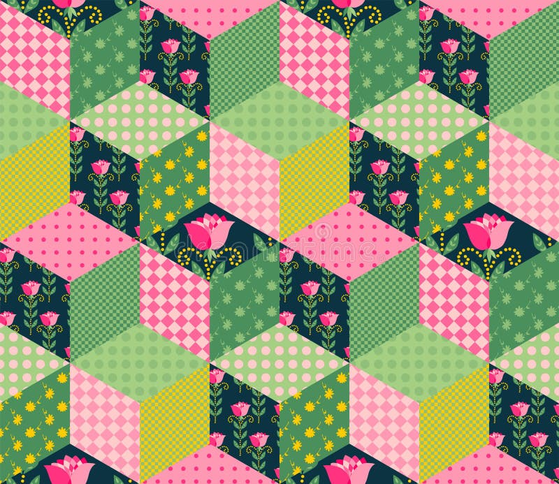 Seamless Patchwork Pattern with Green, Pink and Floral Patches Stock ...