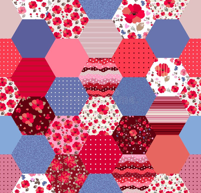 Seamless Patchwork Pattern from Hexagonal Patches in Blue and Red Tones ...