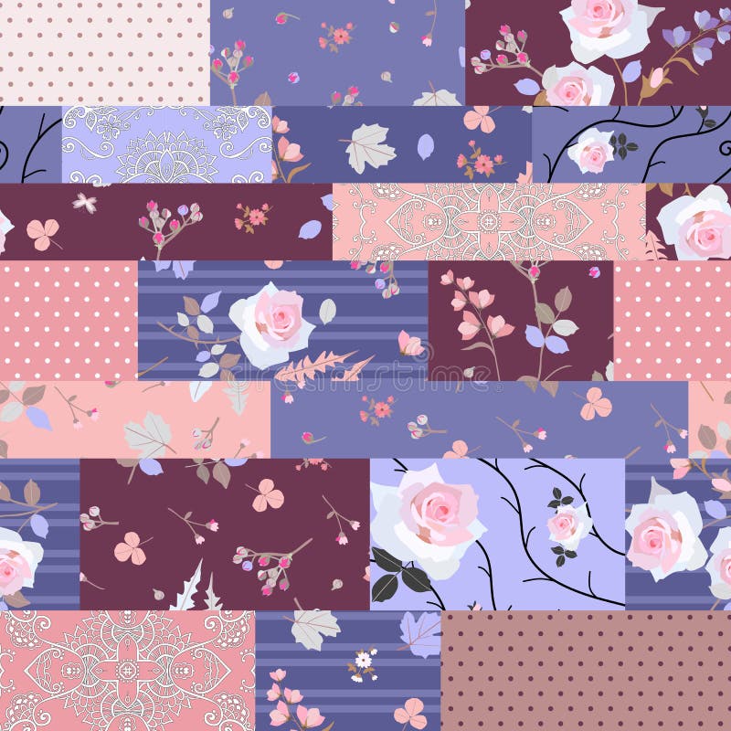 Seamless Patchwork Pattern from Patches with Rose Flowers, Lace and ...