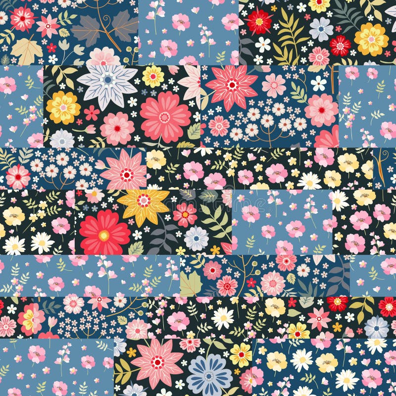 Seamless Patchwork Pattern From Patches With Summer Flowers Colorful