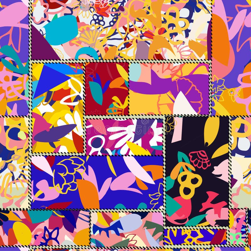 Seamless Patchwork Pattern with Roses.Abstract Collage Asymmetric ...