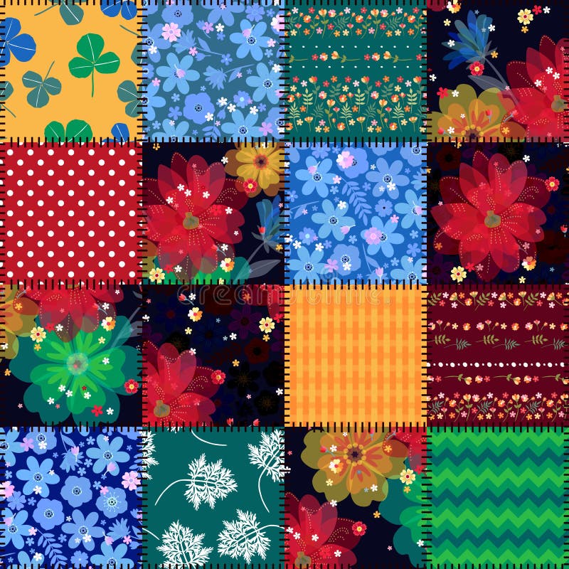 Seamless Patchwork Pattern Of Sewn Together Square Patches With Flowers