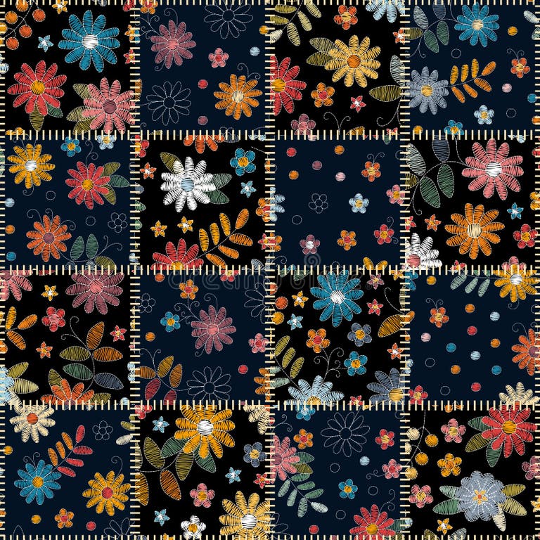 Seamless Patchwork Pattern from Stitched Square Snippets with Floral ...