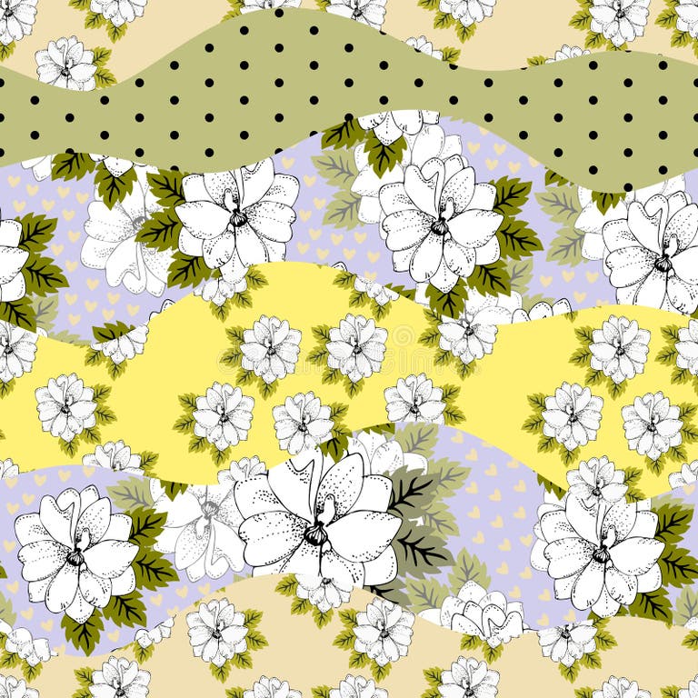 Seamless Patchwork Pattern from Wavy Patches with Hand Drawn Flowers ...