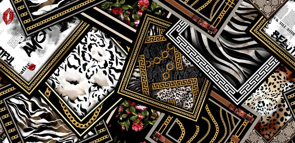 Seamless Patchwork Pattern. Zebra, Leopard, Chain and Flower Collage Pattern. Textile Print ...