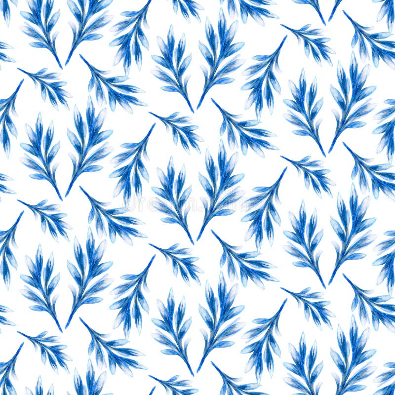 Seamless Pattern of Abstract Blue Twigs or Leaves. Beautiful Watercolor ...