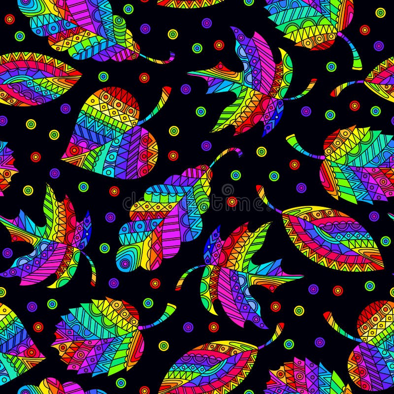 Seamless Illustration with Bright Rainbow Leaves, Patterned Tree Leaves ...