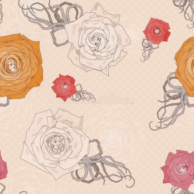 Seamless Pattern with Abstract Cartoon Roses Stock Vector ...