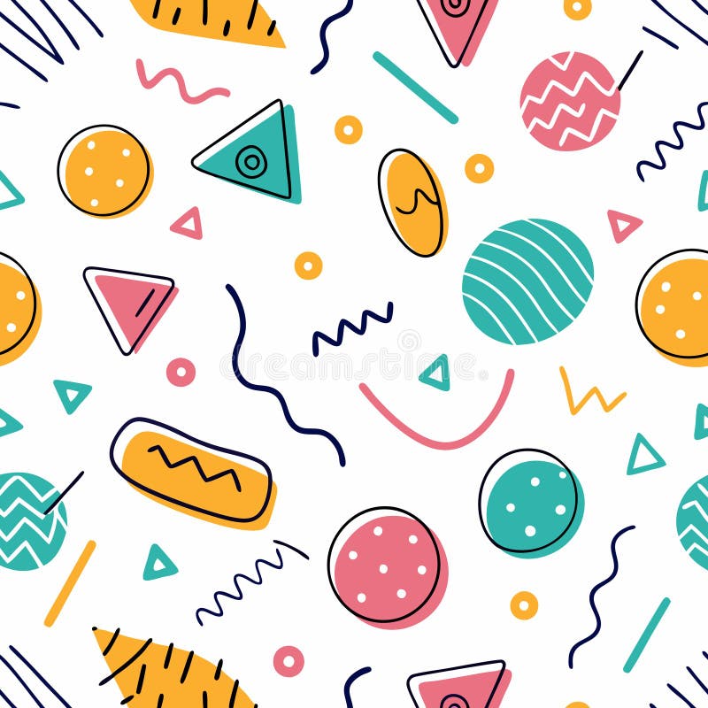 Seamless Pattern with Abstract Geometric Shapes and Doodles in a Bright ...