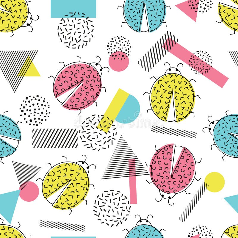 Seamless Pattern with Abstract Ladybugs and Geometric Shapes, Memphis ...
