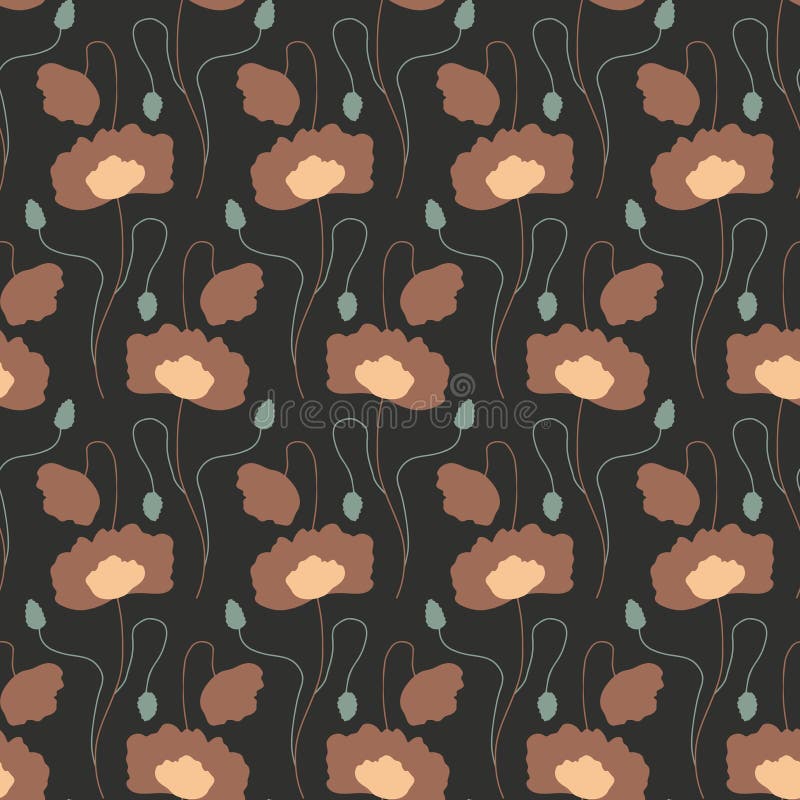 Seamless Pattern with Abstract Poppy Flowers Brown Silhouettes on Black ...