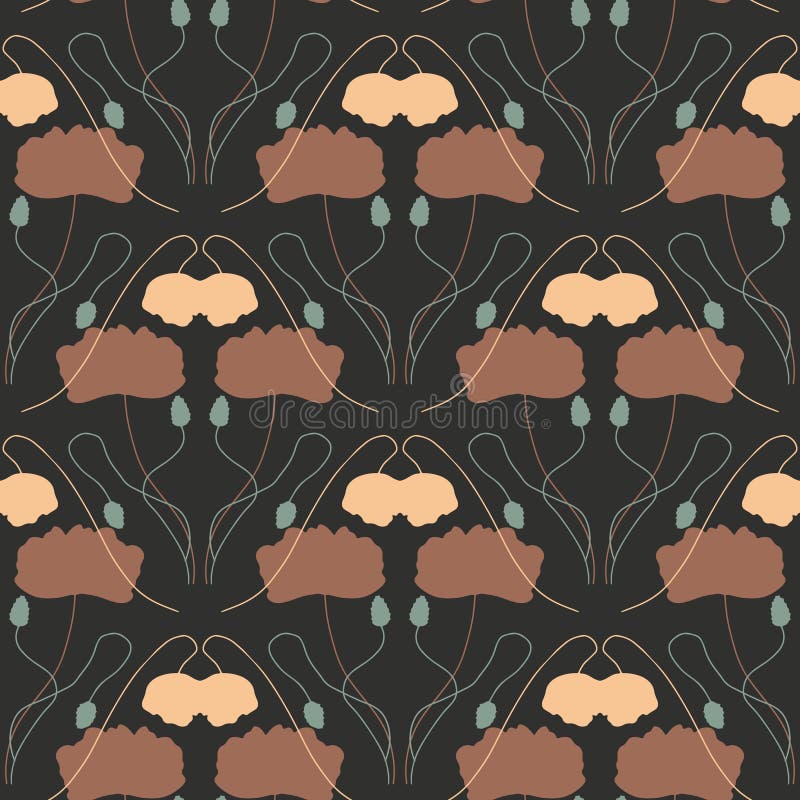 Seamless Pattern with Abstract Poppy Flowers Brown Silhouettes on Black ...