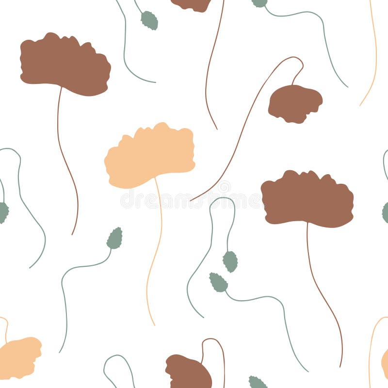 Seamless Pattern with Abstract Poppy Flowers Brown Silhouettes on White ...