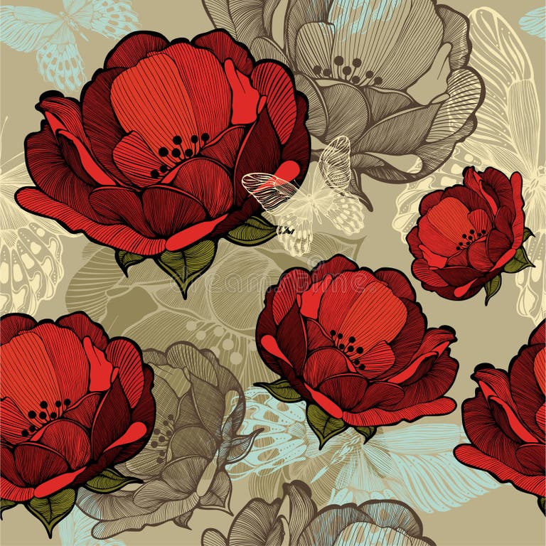 Seamless Pattern with Abstract Red Flowers. Vector Illustration. Stock ...