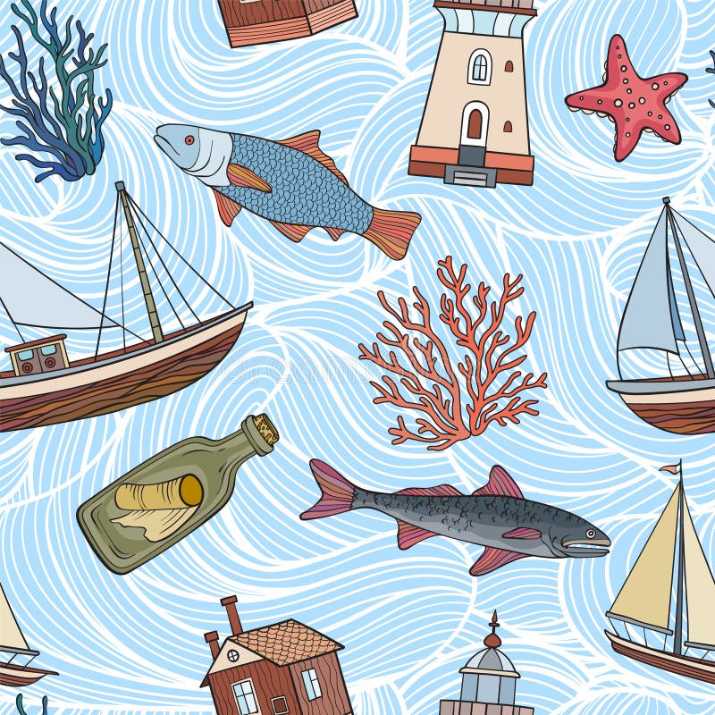 Seamless Pattern with Abstract Sea Waves Background, Boats, Fish, Lighthouse, Coral Stock Vector ...