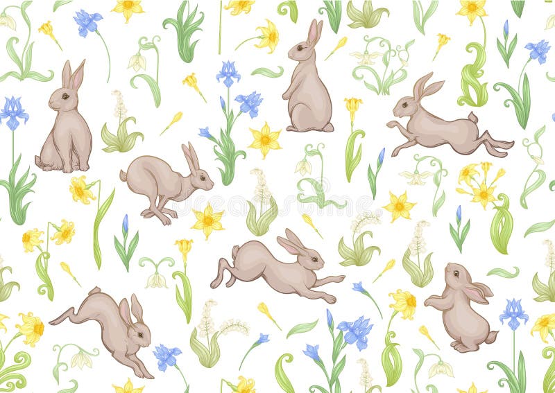 Seamless Pattern, Ackground with Spring Flowers and Rabbits, Hares ...
