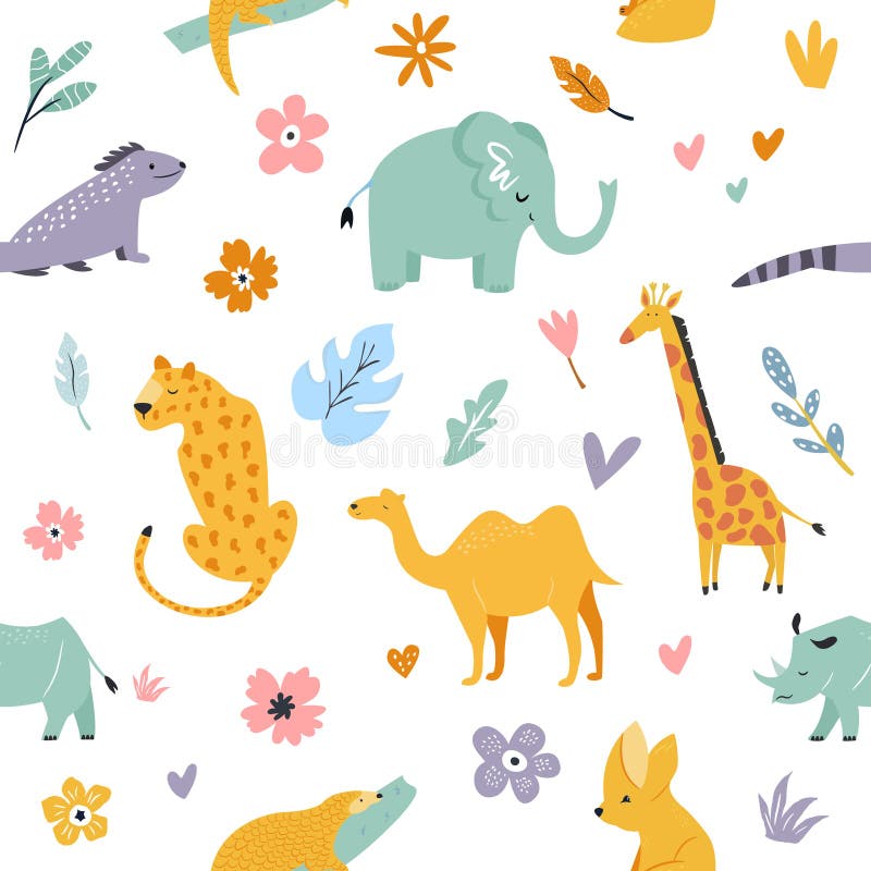 Seamless Pattern with African Animals and Floral Prints Stock Vector ...