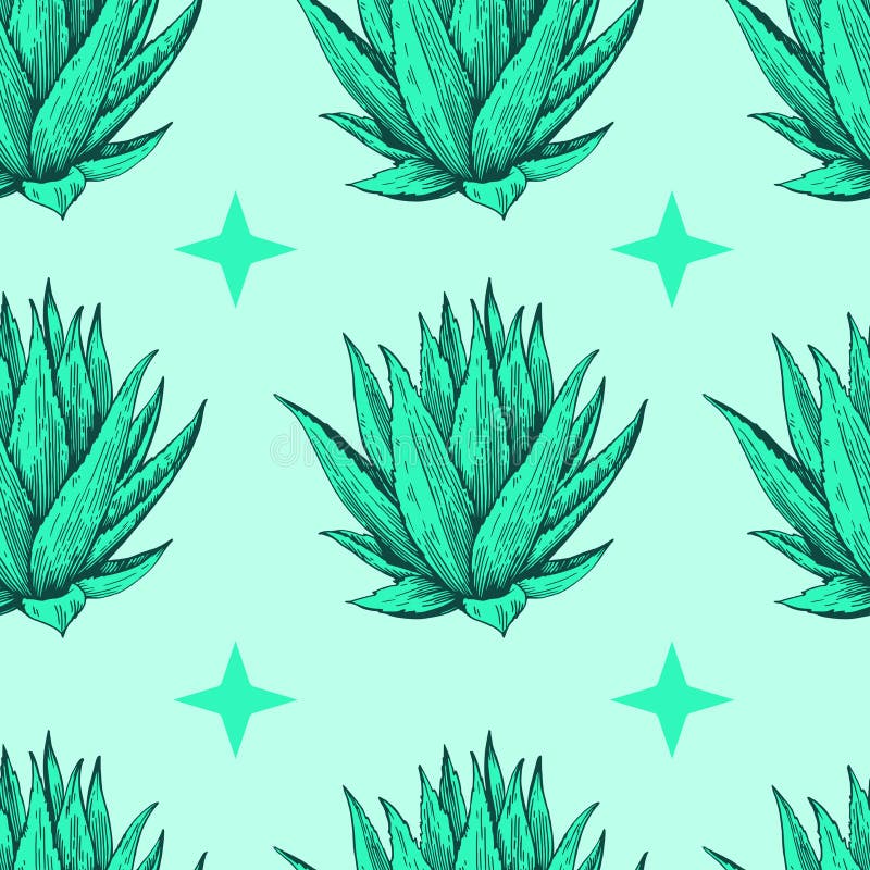 Seamless Pattern with Agave Plant. Hand Drawn Illustration in Engraving ...