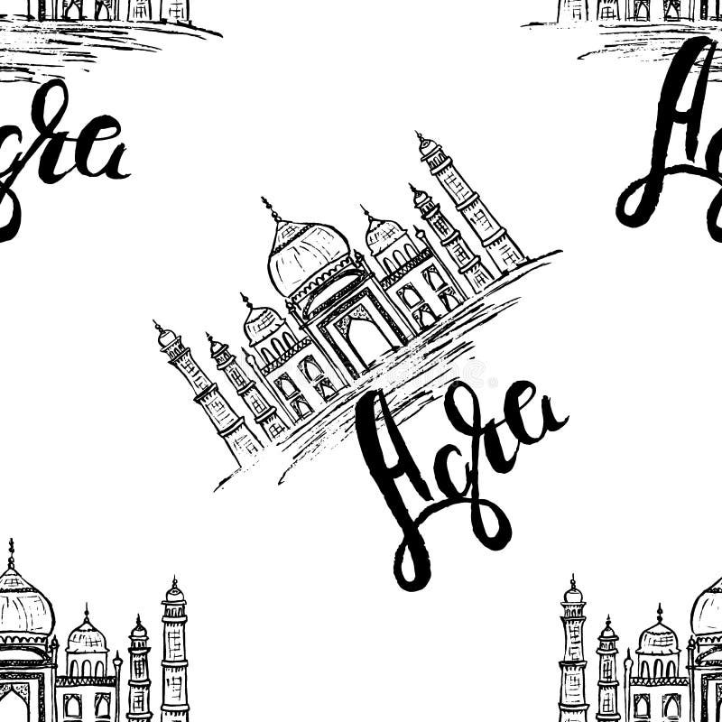 Agra Label with Hand Drawn the Taj Mahal, Lettering Agra and Indian ...