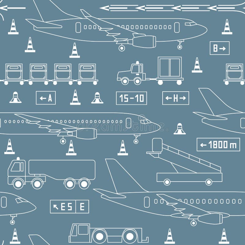 Seamless Pattern with Airplanes, Airport Vehicles on Gray Background ...
