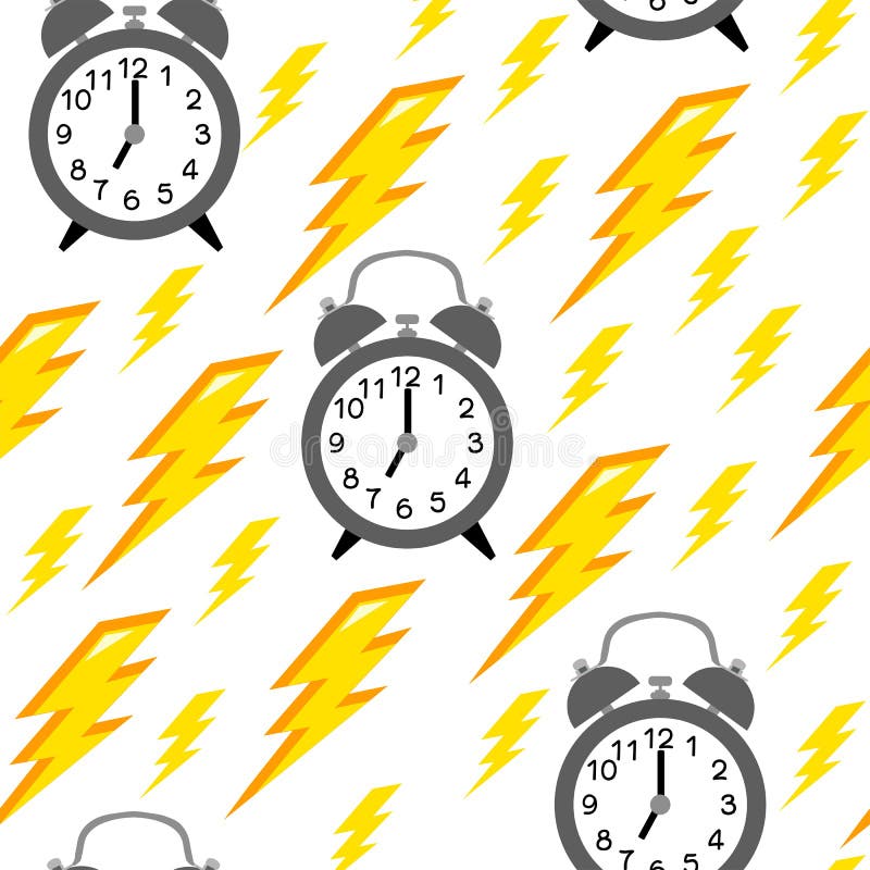Seamless pattern with alarm clock and lightning. Time pattern and ...