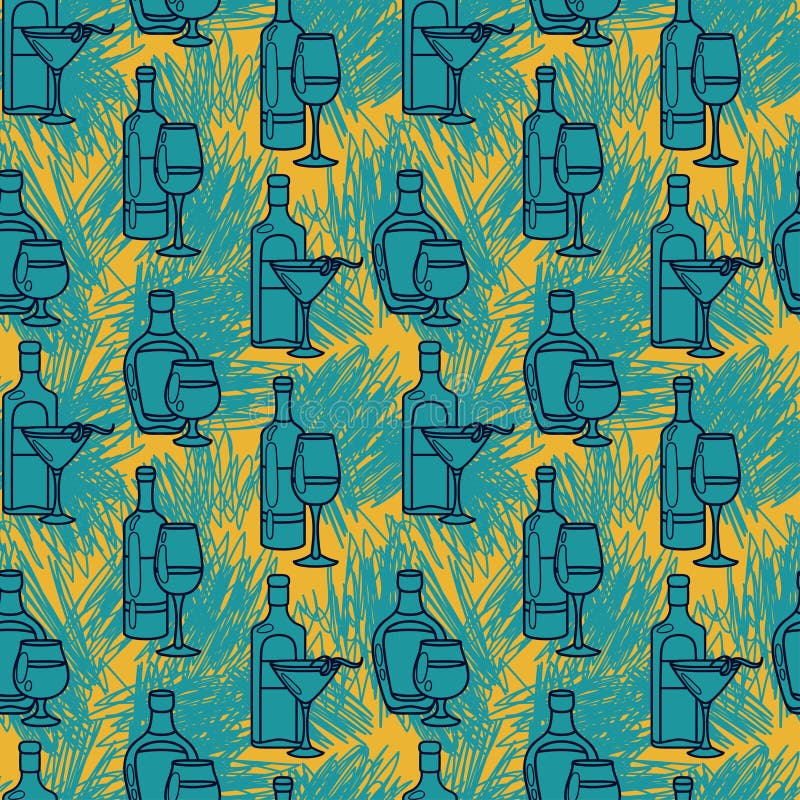 Seamless Pattern with Alcohol Bottles, Glasses and Strokes Stock Vector ...