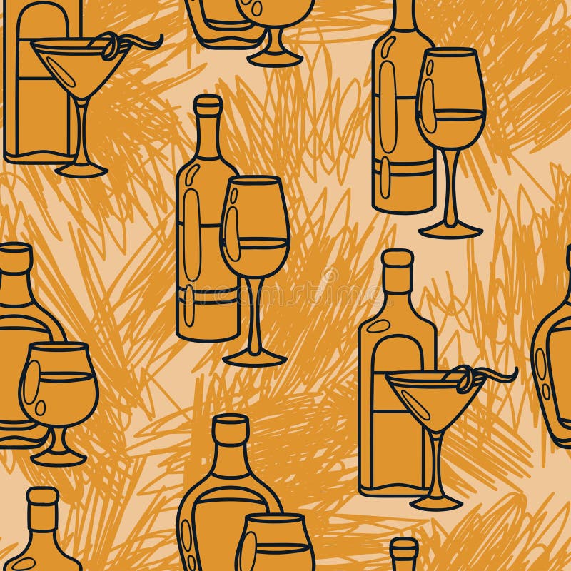 Seamless Pattern with Alcohol Bottles, Glasses and Strokes Stock Vector ...