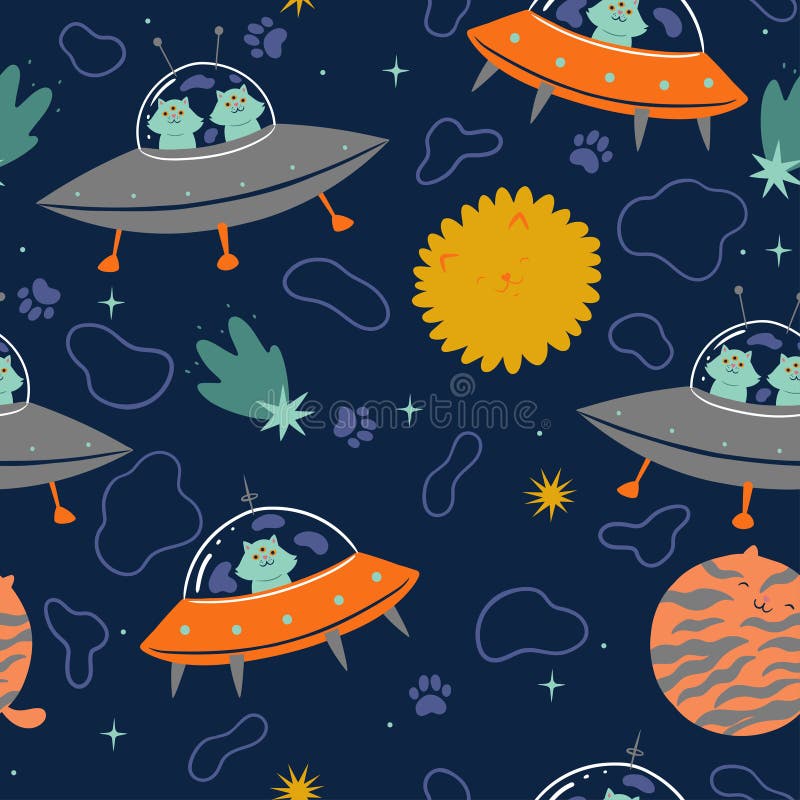 Seamless Pattern with Alien Cats. Vector Graphics Stock Vector ...