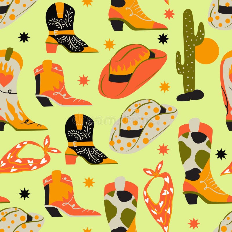 Seamless Pattern with Americans Cowboy Boots and Hats. Vector. Stock ...