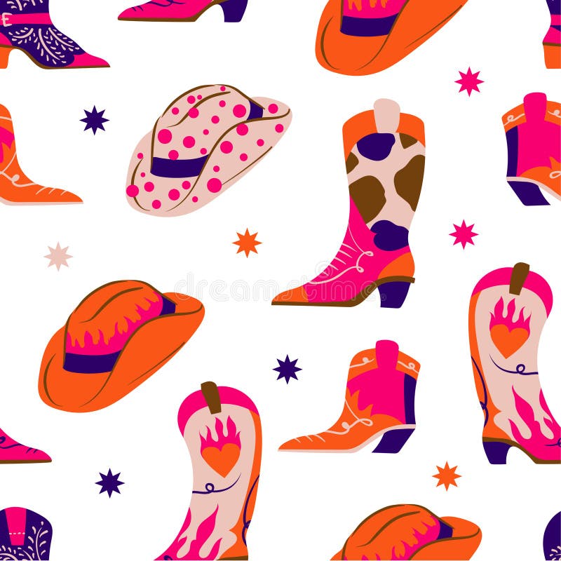 Seamless Pattern with Americans Cowboy Boots and Hats. Vector. Stock ...