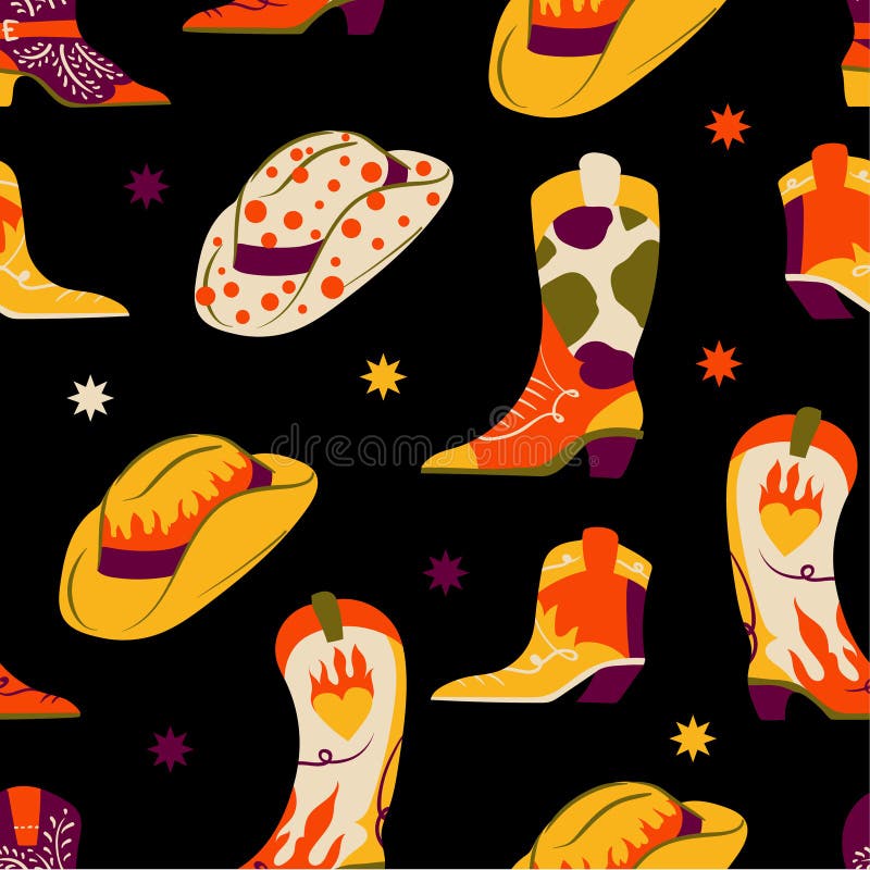 Seamless Pattern with Americans Cowboy Boots and Hats. Vector. Stock ...