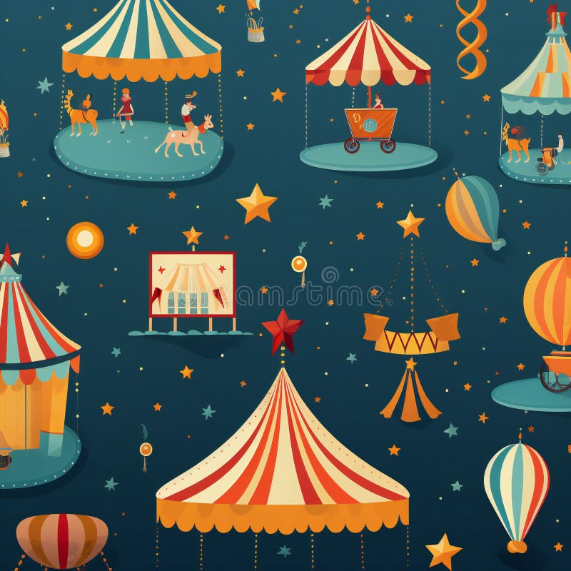 Seamless Pattern Amusement Park or Circus Illustrations. Vintage Fair ...