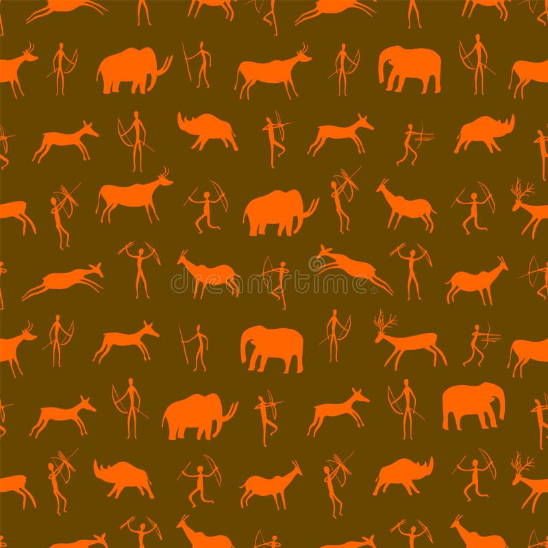 Seamless Pattern. Ancient Rock Drawing With Primitive People And ...