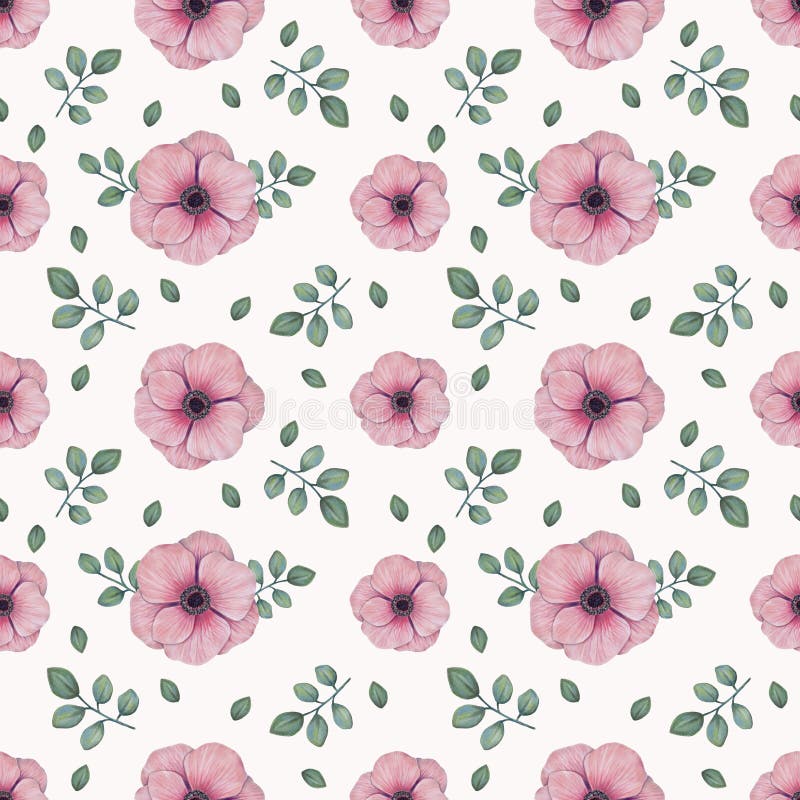 Seamless Pattern With Anemone Flowers Botanical Background Of Soft Pink